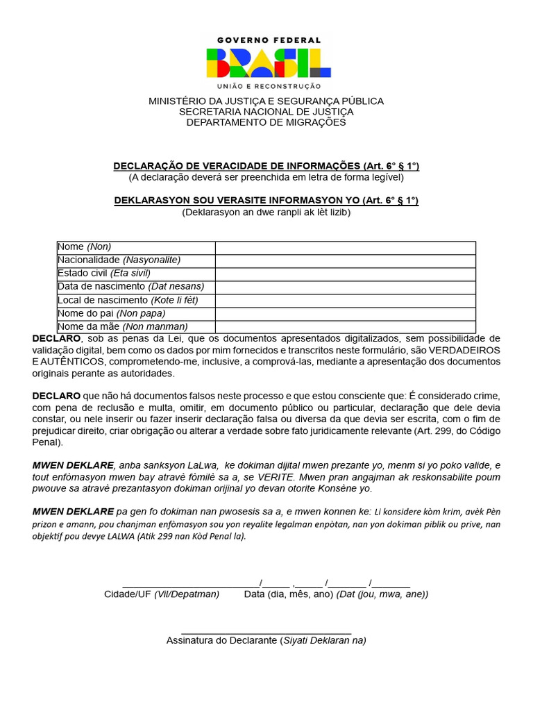 DECLARAÇÃO DE VERACIDADE DE INFORMAÇÕES - DEKLARASYON SOU VERASITE ...