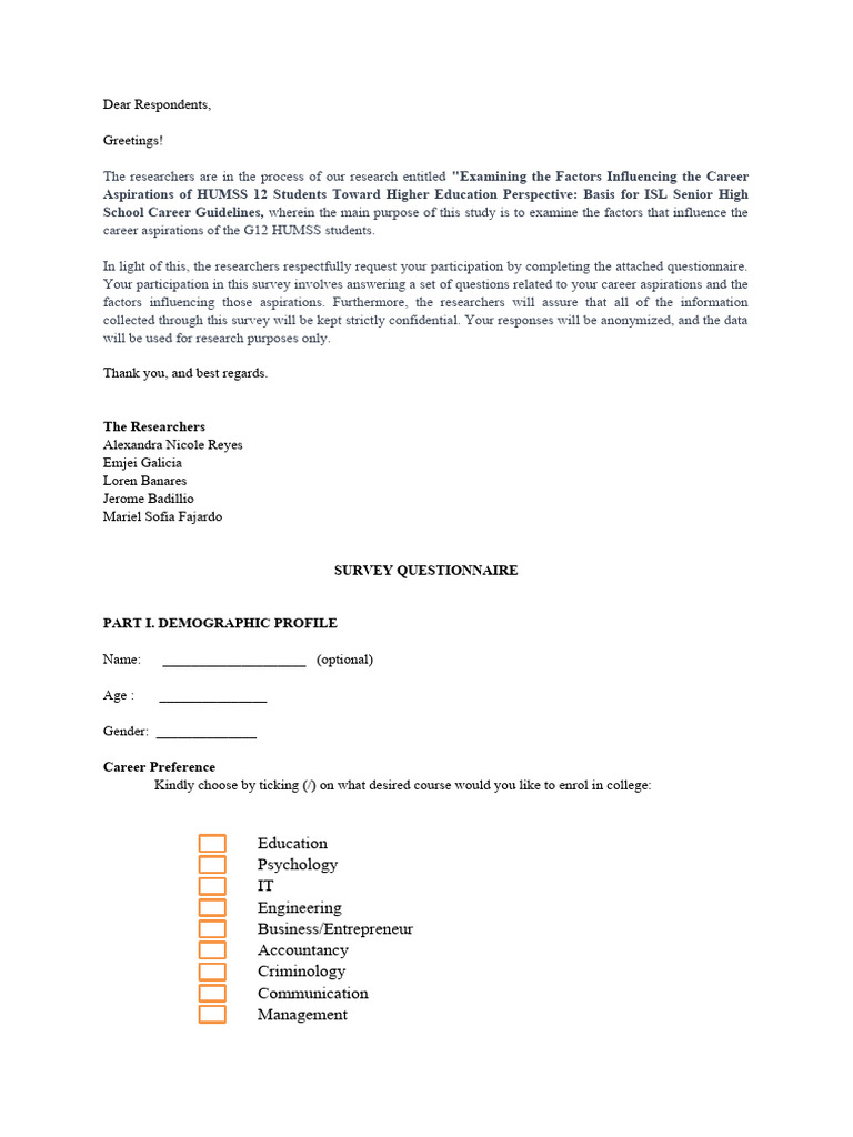 College Preference Survey Questionnaire 2 | PDF | Cost Of Living | Behavior