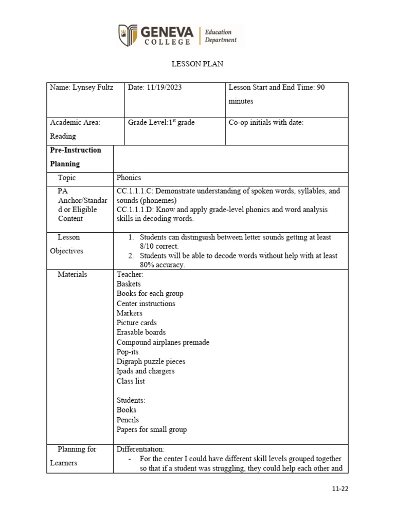 Edu 321 Reading Lesson Plan | PDF | Phonics | Human Communication