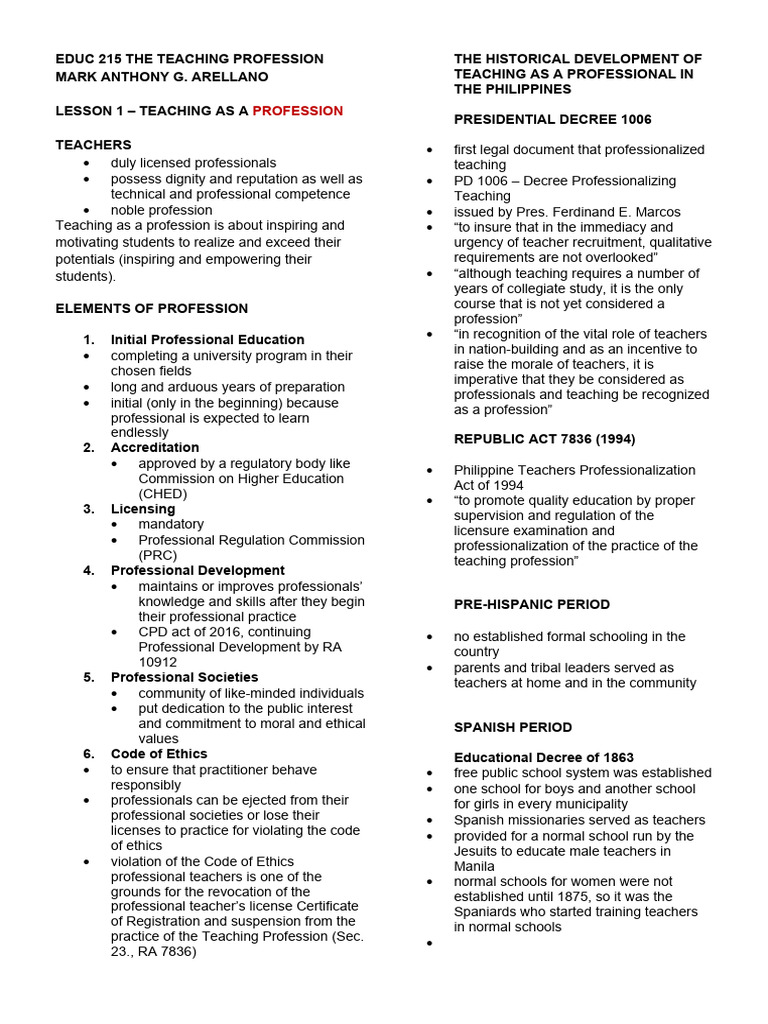 EDUC 215 THE TEACHING PROFESSION | PDF | Learning | Teachers