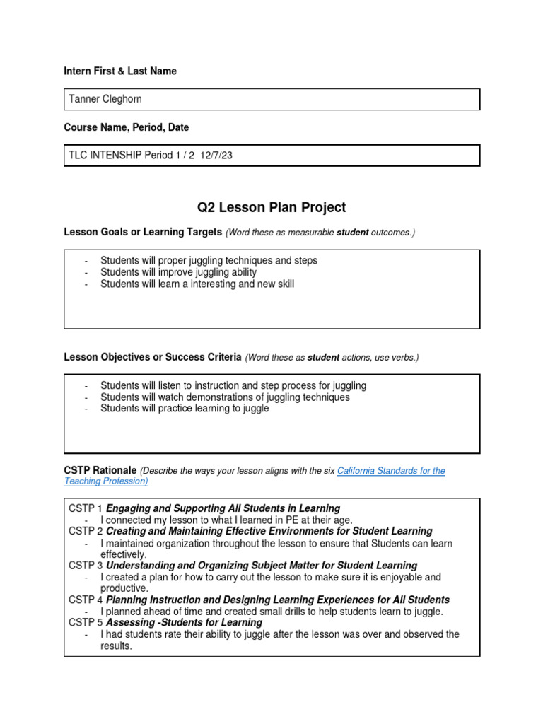 q2 CSTP Lesson Plan Template 2 | PDF | Lesson Plan | Learning
