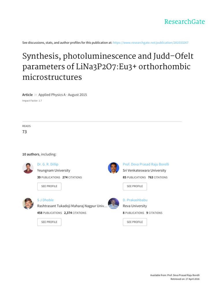 2015 Synthesis, Photoluminescence and Judd-Ofelt Parameters of LiNa3P2O7Eu3+ Orthorhombic ...