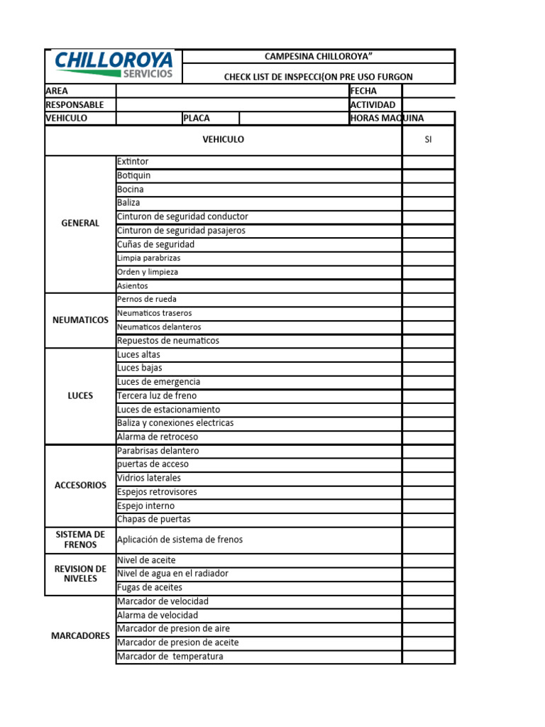 SSOMA-SER-F-032 Check List Inspección Pre Uso Furgon | PDF SSOMA-SER-F-032 Check List Inspección Pre Uso Furgon | PDF