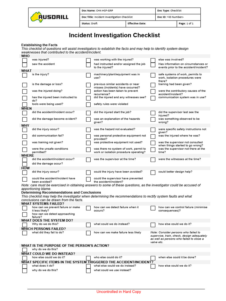 CHK-HSF-GRP Incident Investigation Checklist | PDF | Occupational ...