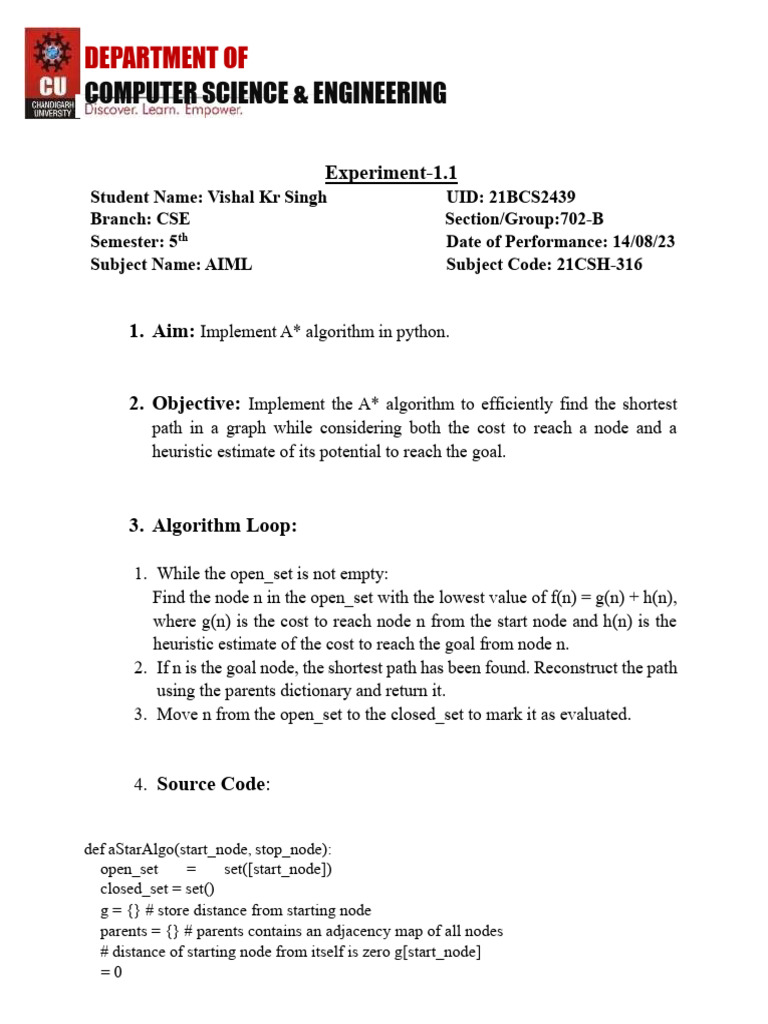 Experiment 1.1 Vishal AIML | PDF | Graph Theory | Algorithms