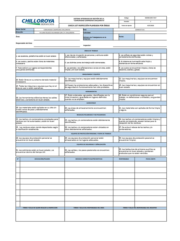 SSOMA-SER-F-017 Check List Inspección Planeada Por Areas | PDF SSOMA-SER-F-017 Check List Inspección Planeada Por Areas | PDF
