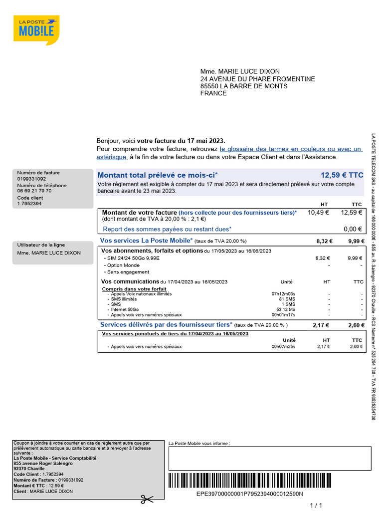 Facture Mobile 0523 | PDF | Facture | Taxe sur la valeur ajoutée
