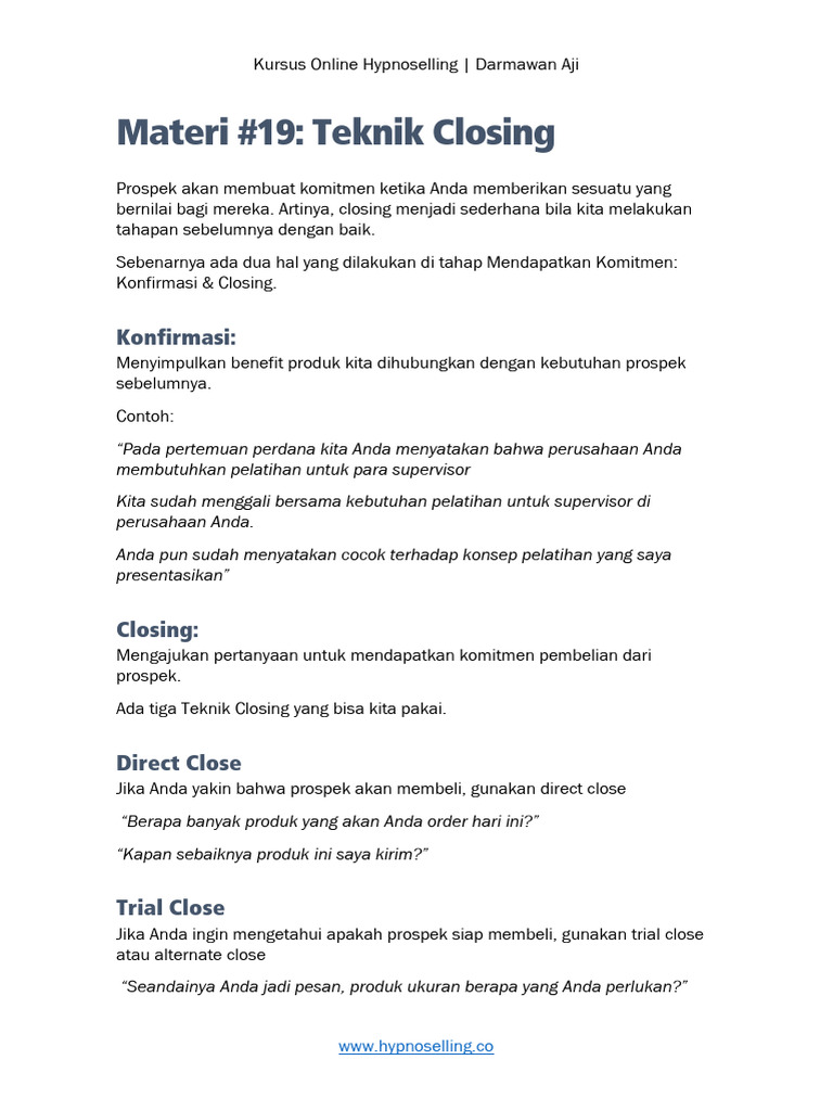 Transkrip Hypnoselling 19 Teknik Closing | PDF