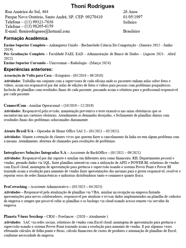 Thoni Rodrigues Com Recomendação 2023 TESTE COM PLANETA | PDF ...