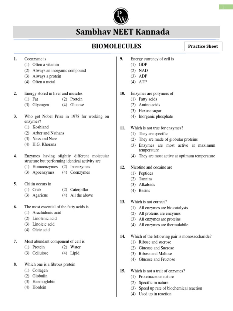 NEET Kannada: Biomolecules Quiz | PDF | Enzyme | Cofactor (Biochemistry)