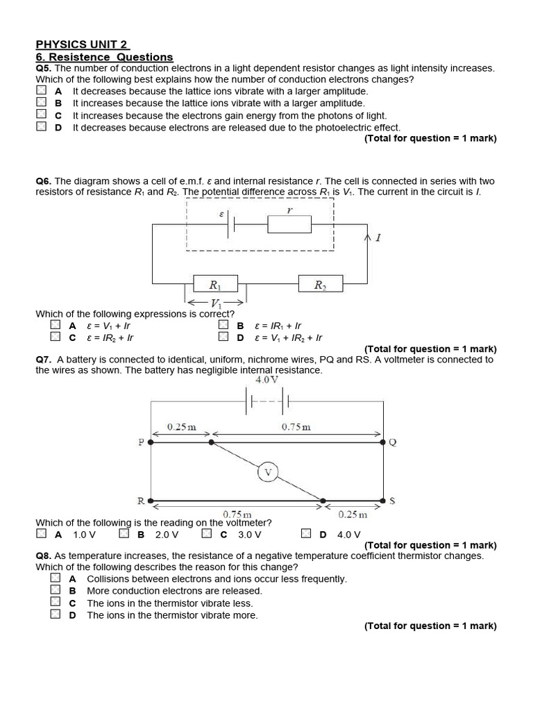 Physics Unit 2: Resistance Questions | PDF | Electrical Resistance And ...