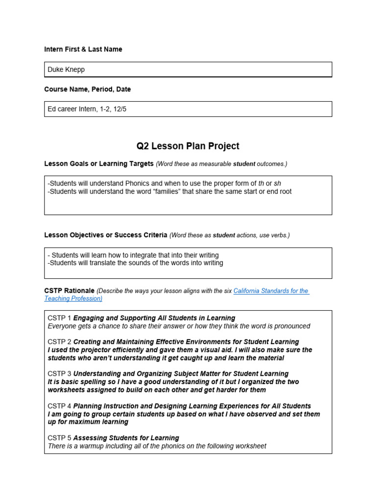 q2 CSTP Lesson Plan Template 2 | PDF | Lesson Plan | Phonics