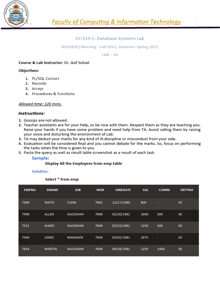 Database Lab: PL/SQL Tasks Overview | PDF | Pl/Sql | Salary