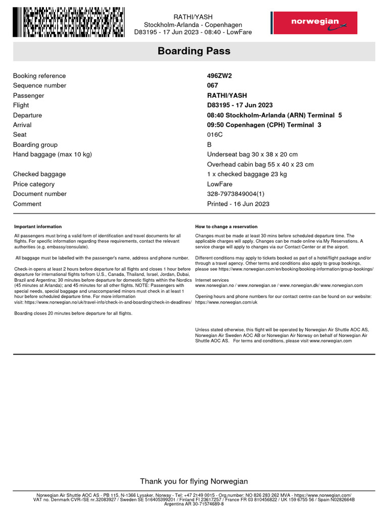Boarding Pass for Norwegian Flight | PDF | Norwegian Air Shuttle | Aviation