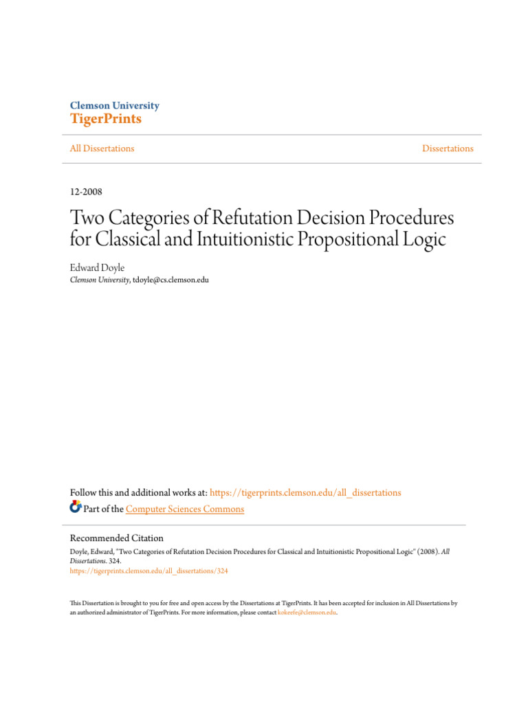 Two Categories of Refutation Decision Procedures For Classical and Intuitionistic Logics | PDF ...