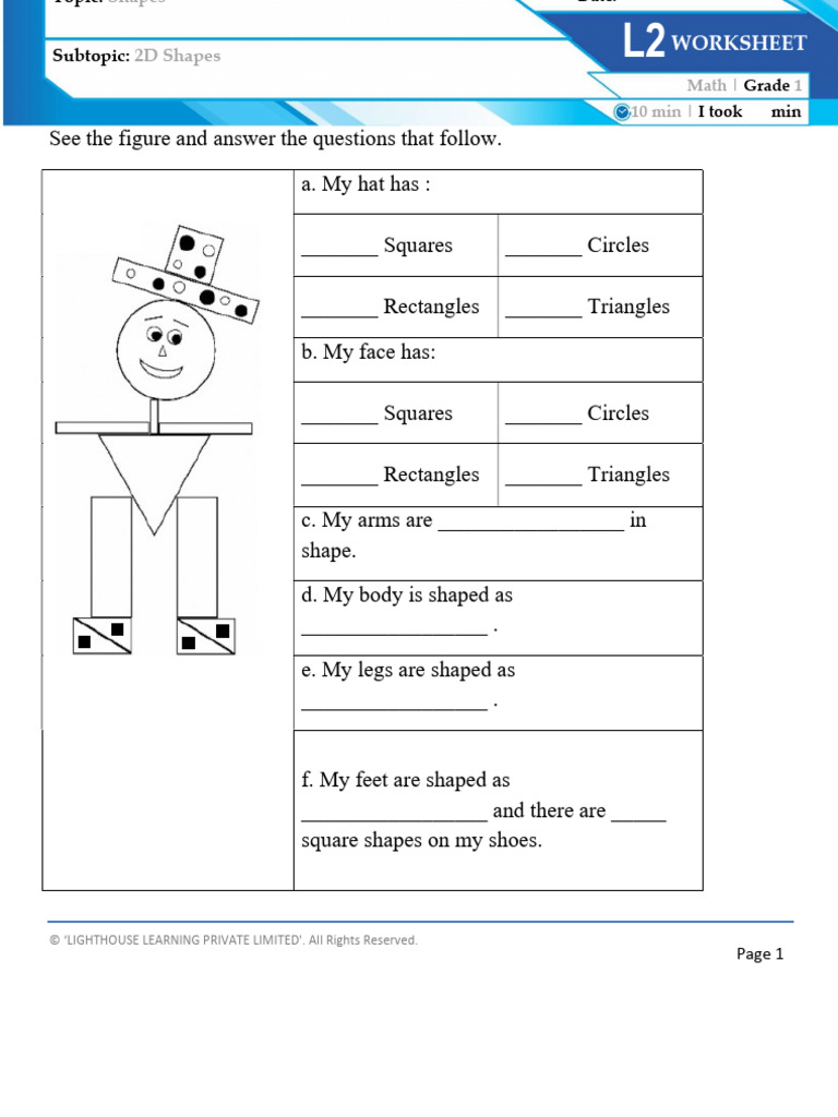 Grade 1 Worksheet on 2D Shapes | PDF