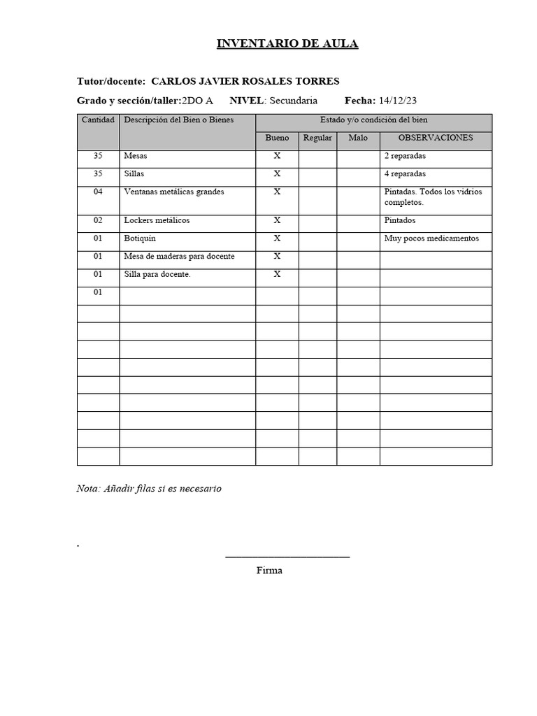 Inventario de Aula Secundaria 2DO A | PDF