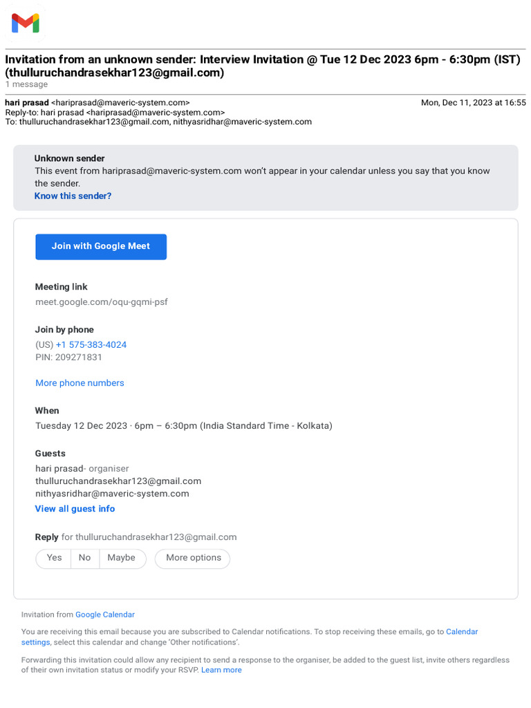 Gmail - Invitation From An Unknown Sender - Interview Invitation at Tue 12 Dec 2023 6pm - 6 ...