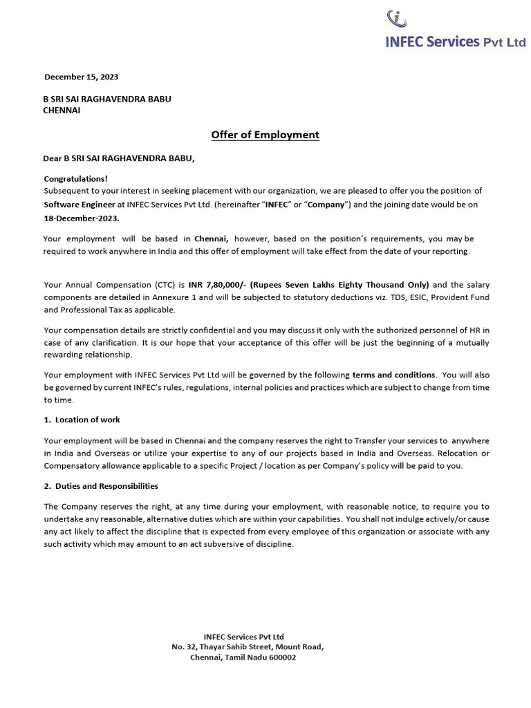 B SRI SAI RAGHAVENDRA BABU-Offer of Employment (Rev) . | PDF ...