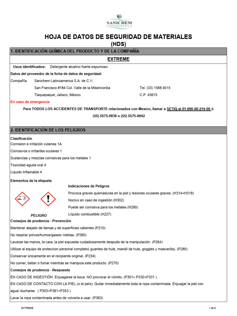 Ficha de Seguridad: Detergente Alcalino Fuerte | PDF | Agua | Quemar