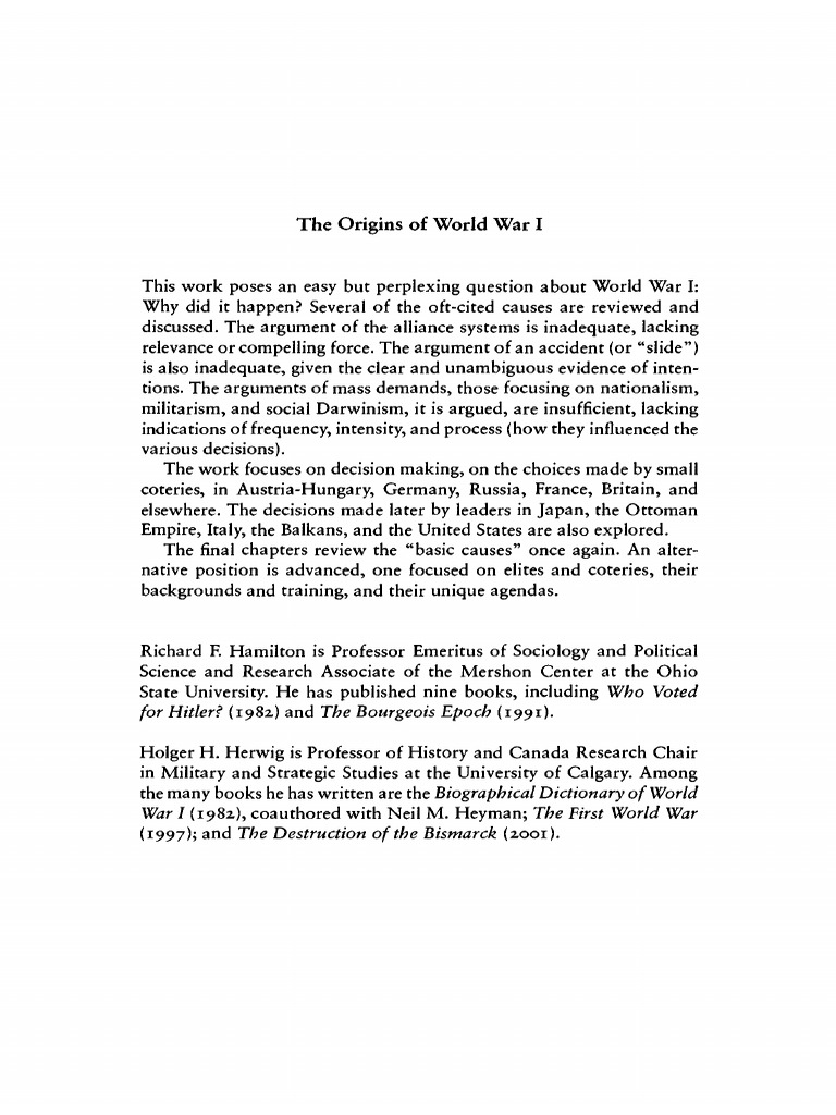 The Origins of World War I (Richard F. Hamilton, Holger H. Herwig) | PDF