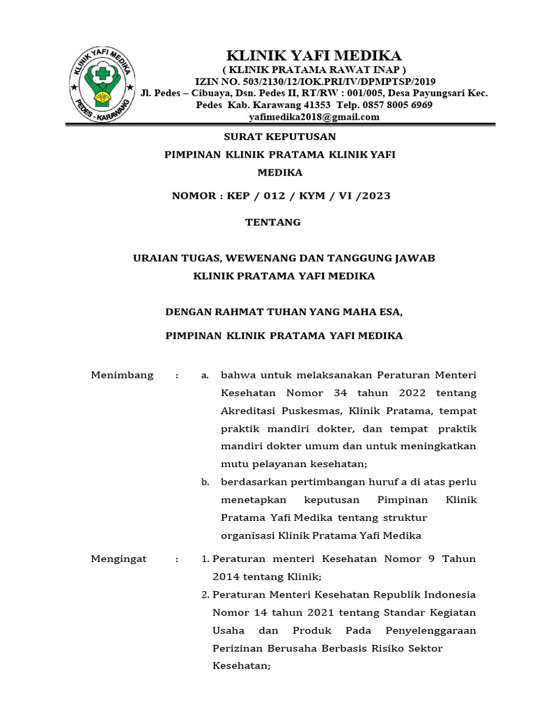 SK Uraian Tugas, Tanggung Jawab Dan Wewenang Klinik | PDF | Pengembangan Diri