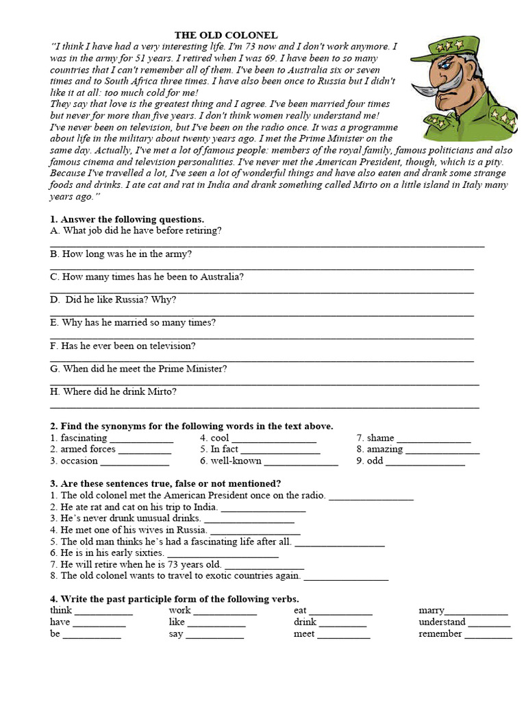 The old colonel. Present perfect. Diagnostic test. | PDF | Language ...