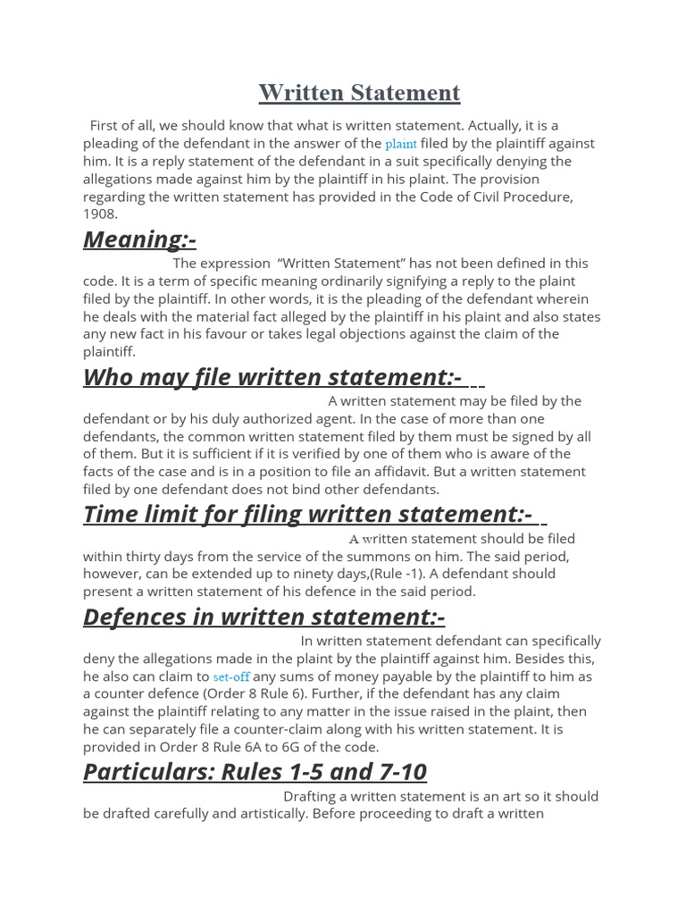 Written Statement | PDF | Lawsuit | Pleading