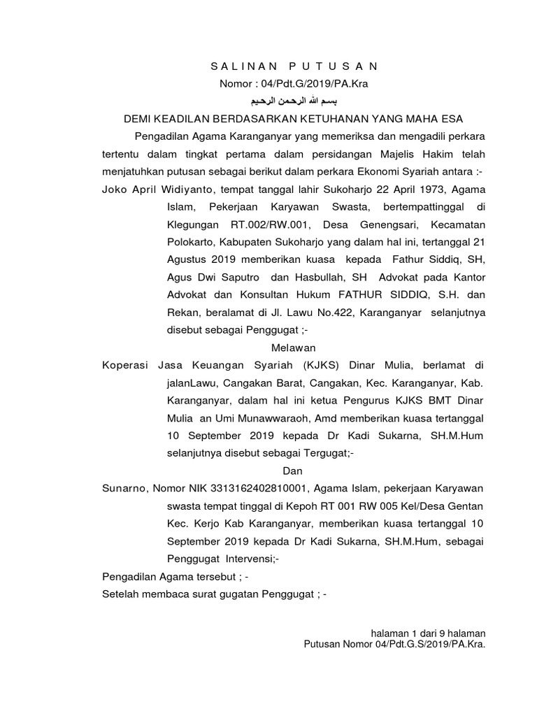 Halaman 1 Dari 9 Halaman Putusan Nomor 04 Pdt G S 2019 Pa Kra Pdf