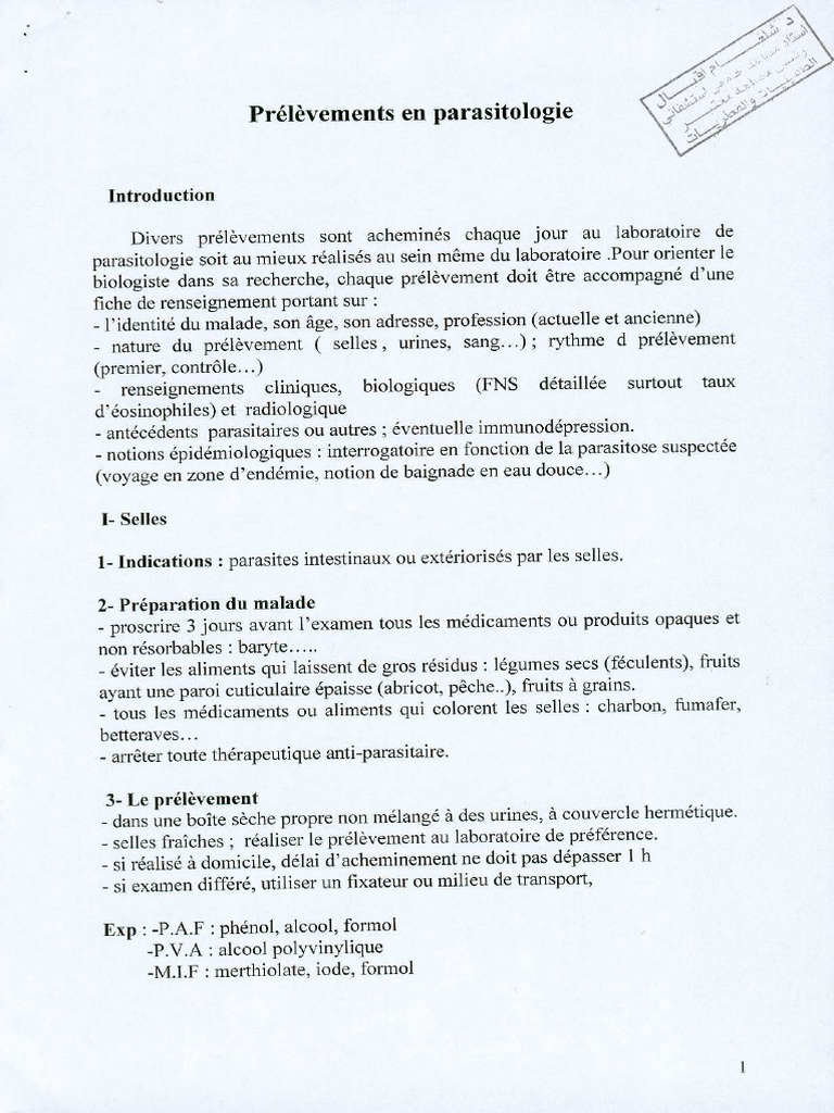 Parasitologie - 19 - Prélèvements en Parasitologie | PDF