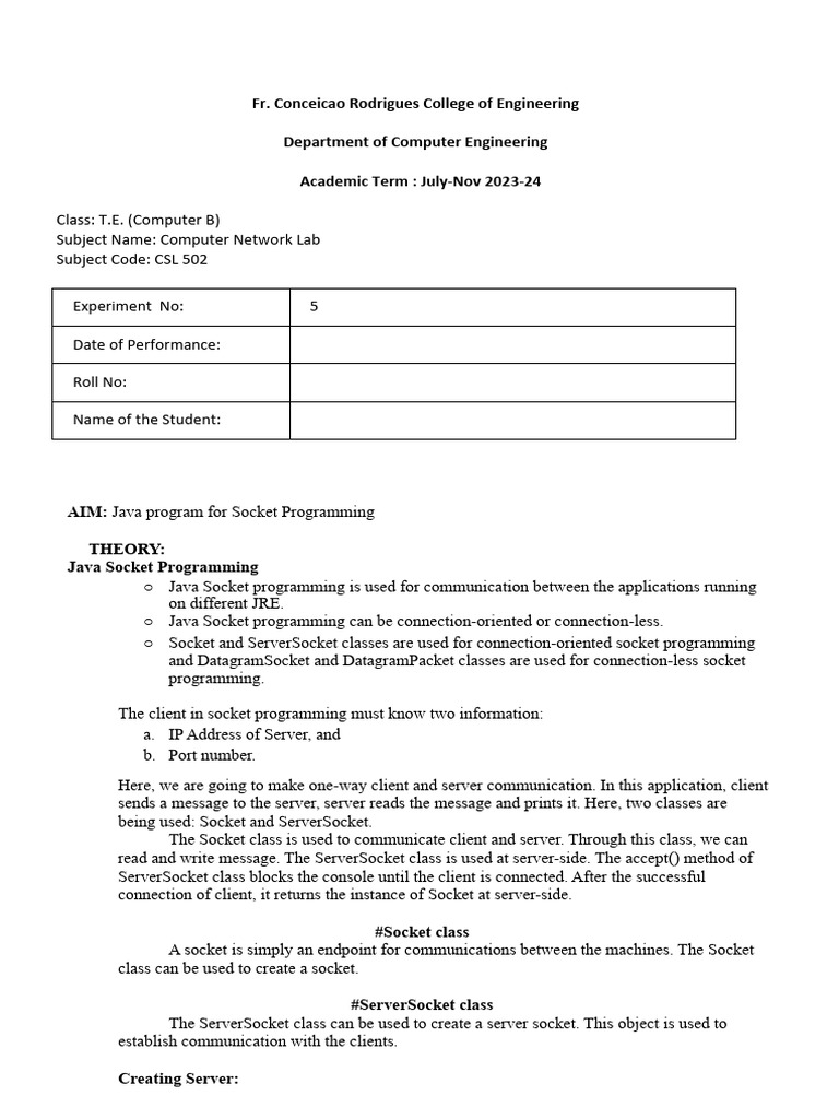 CN - Exp5 - Socket Programming | PDF | Network Socket | Port (Computer Networking)