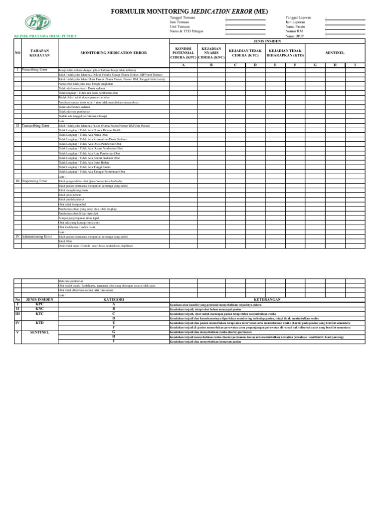 PRINT Formulir Monitoring Medication Error | PDF
