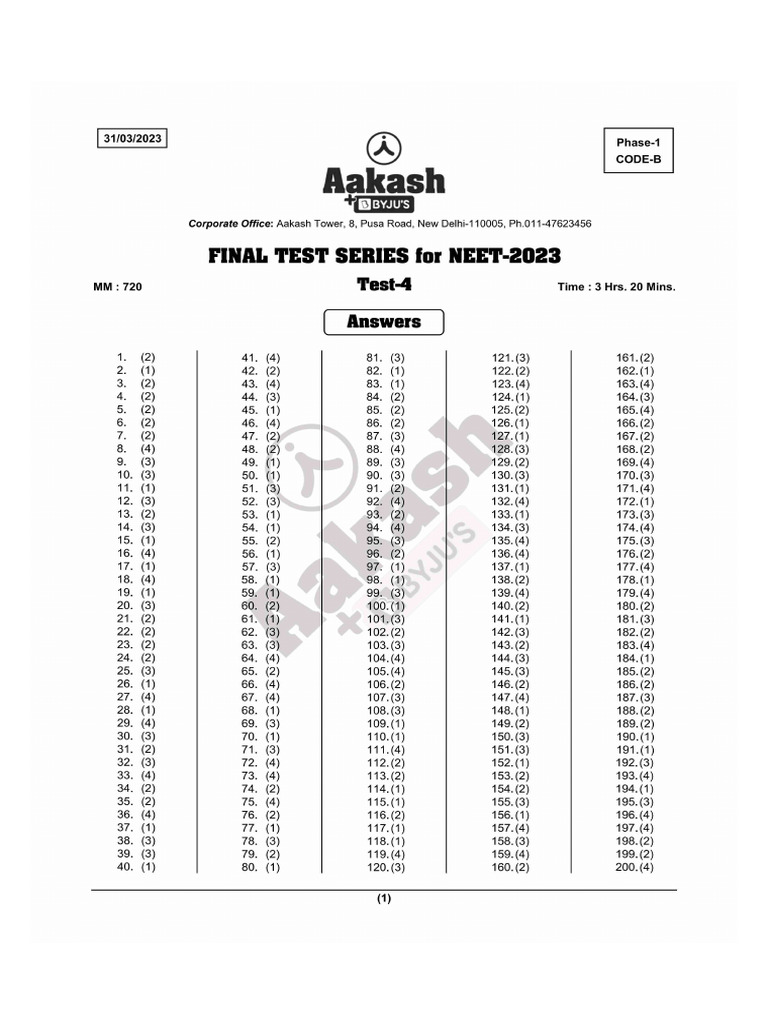 FTS 4 Code B Solutions + Answer Key @aakash Test Papers 2023 | PDF
