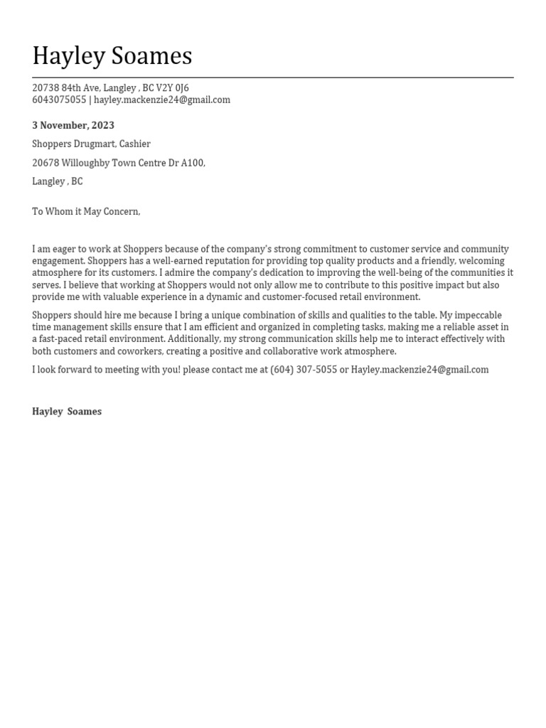 hayley soames cover letter - cover letter | PDF