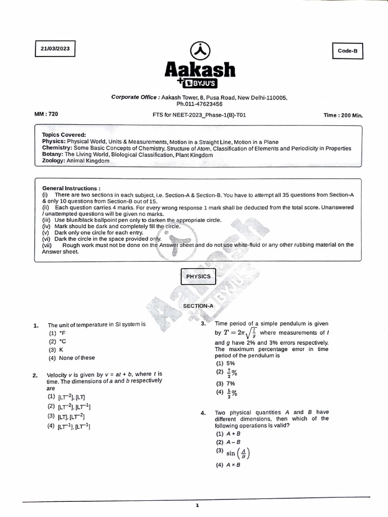 FTS-01 (Code-B) @aakash - Test - Papers - 2023 | PDF | Acceleration | Speed