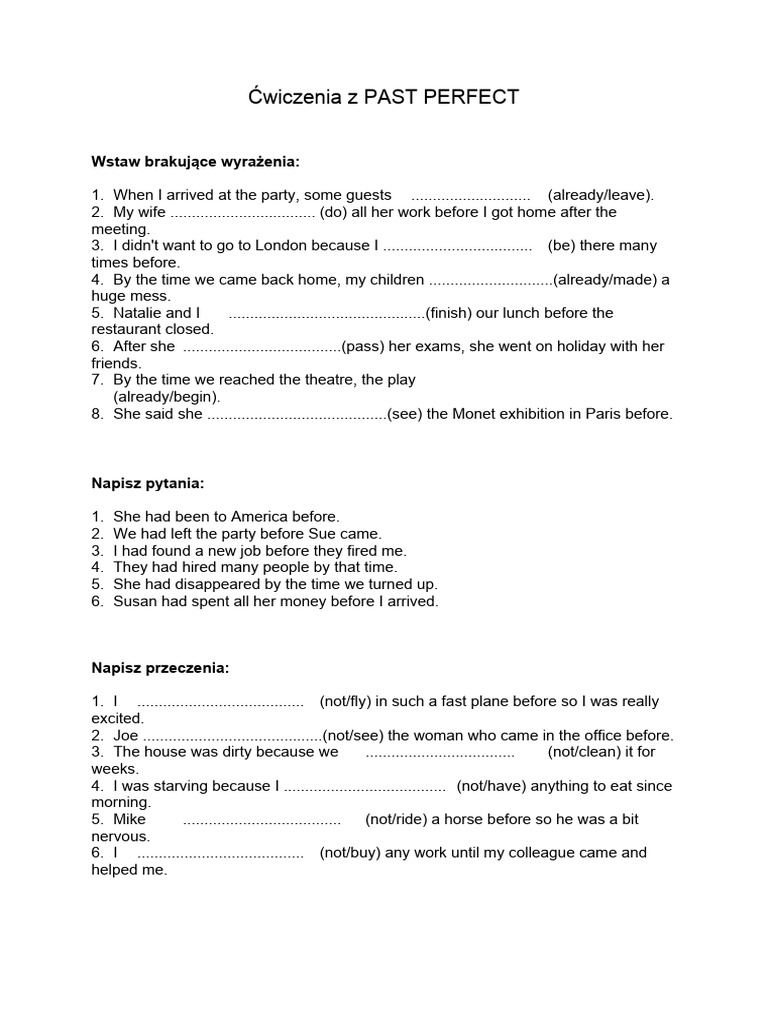 Ćwiczenia Z PAST PERFECT | PDF