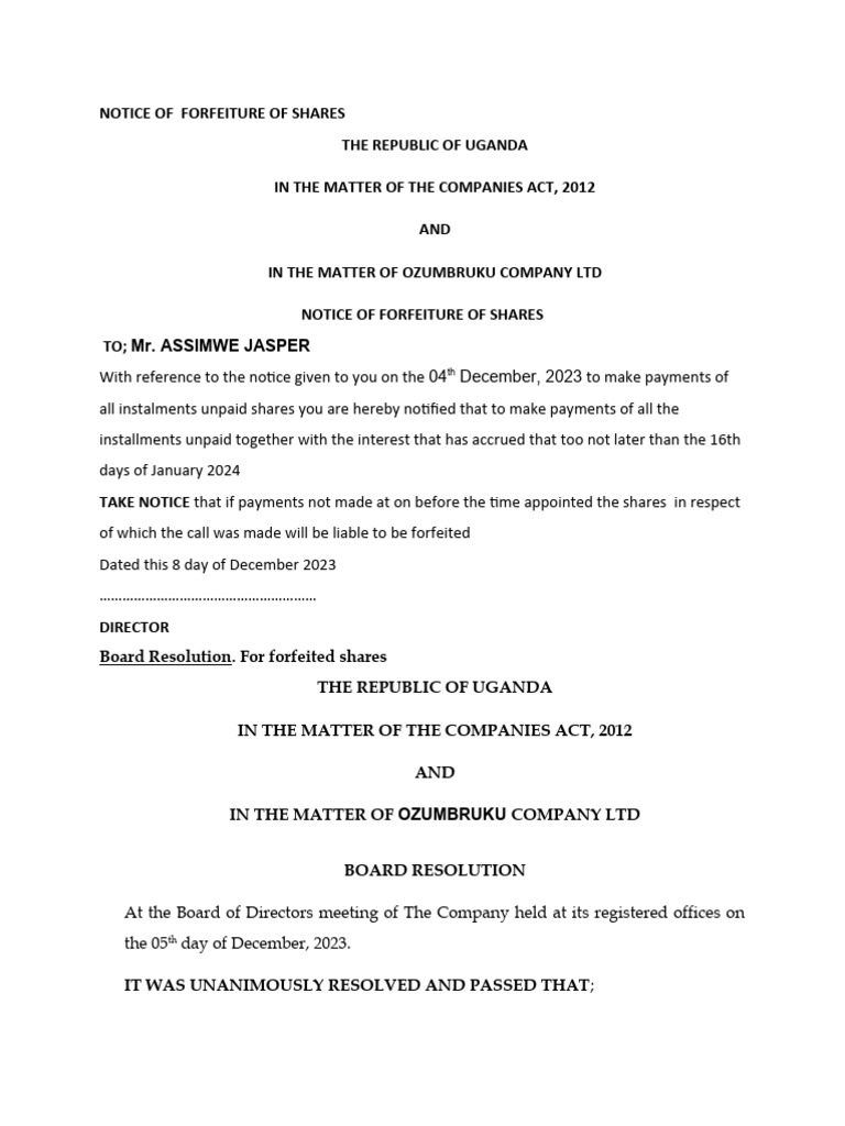 Notice of Forfeiture of Shares | PDF | Justice | Crime & Violence
