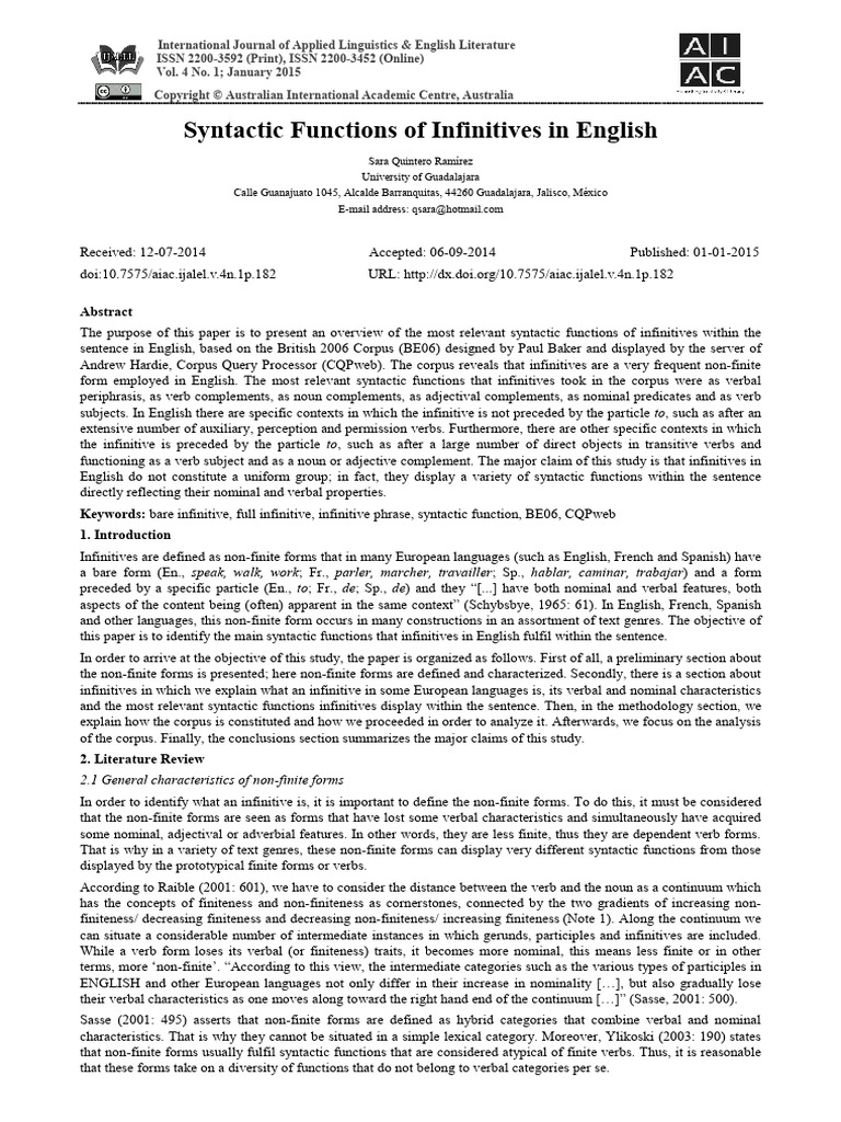 Syntactic Functions of Infinitives in en | PDF | Verb | Adjective