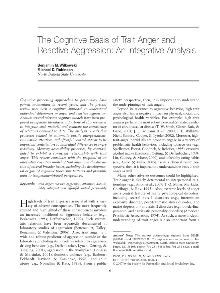 The Cognitive Basis of Trait Anger and Reactive Aggression: An ...