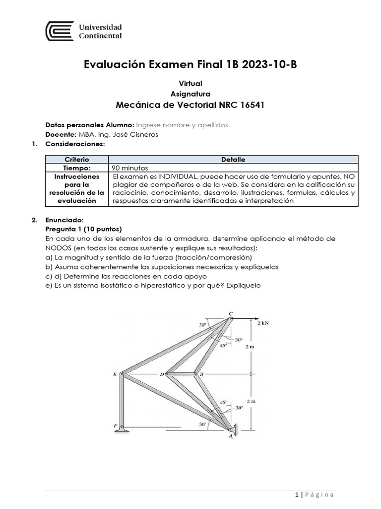 Prueba de Desarrollo Examen Final Mecanica Vectorial 16541 | PDF | Tecnología e ingeniería