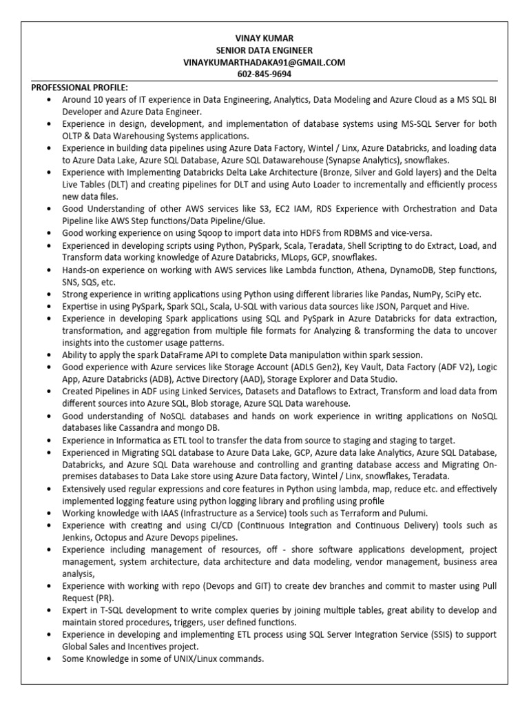 Vinay Kumar Data Engineer | PDF | Microsoft Sql Server | Apache Spark