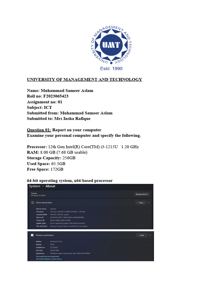 ICT Assignment | PDF | Laptop | Computer Hardware