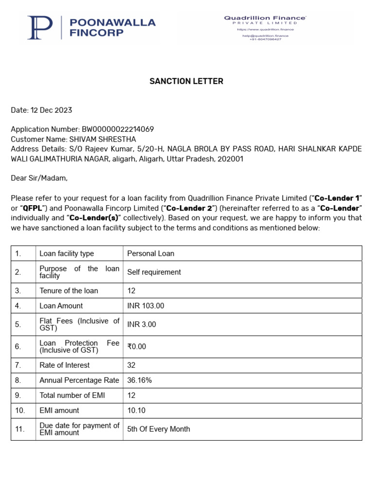 Personal Loan Sanction Letter Details | PDF | Loans | Personal Finance