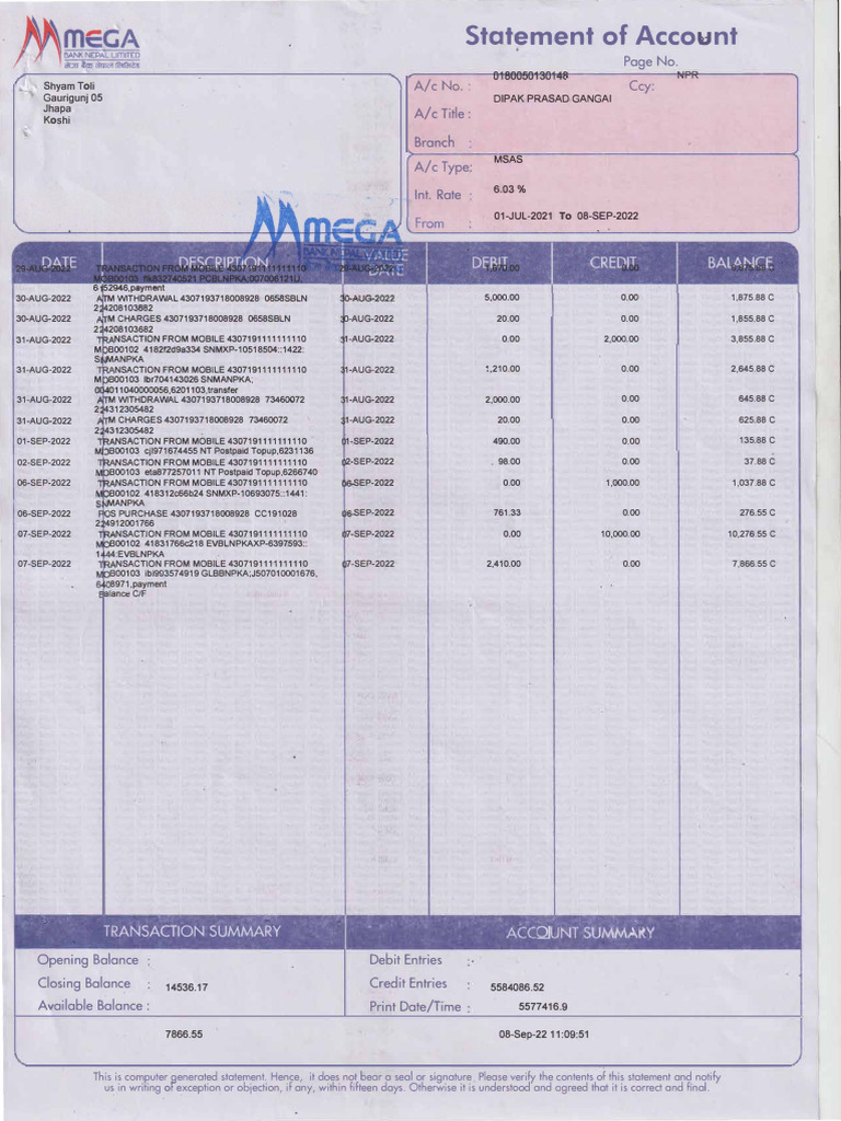Statement of Acco NT: A/c Type | PDF | Debits And Credits | Financial ...