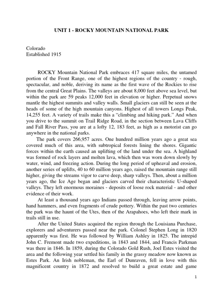 Unit 1 Rocky Mountain National Park | PDF | Valley | Mountains