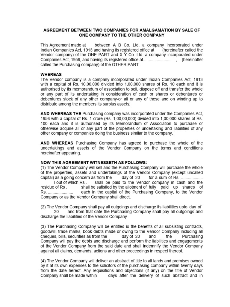 Agreement Between Two Companies For Amalgamation by Sale of One Company ...