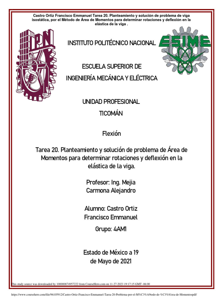 Castro Ortiz Francisco Emmanuel Tarea 20. Problema Por El M Todo de Rea de Momentos PDF | PDF ...