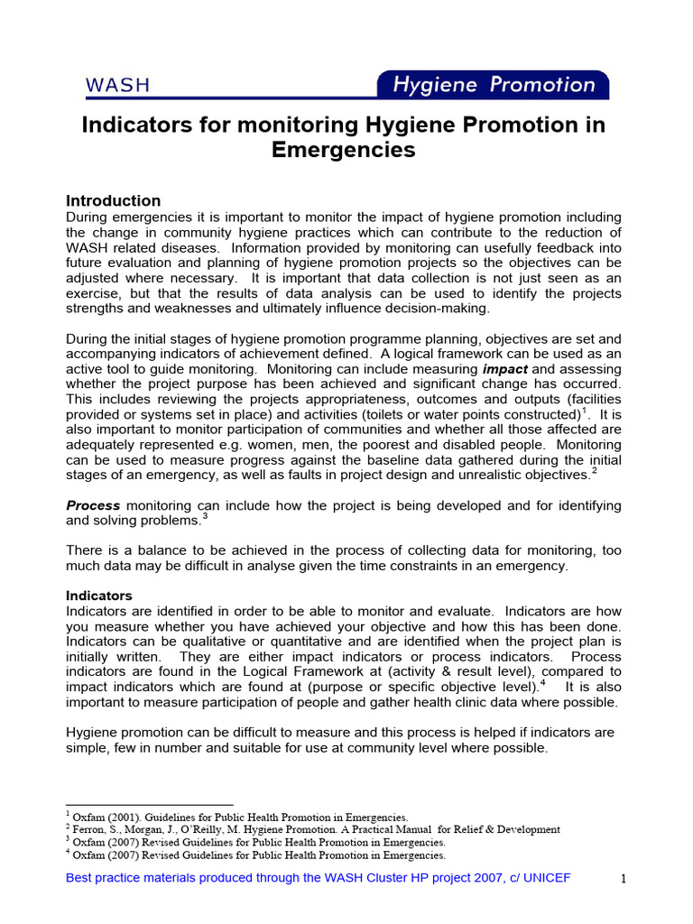 Indicators For Monitoring Hygiene Promotion | PDF | Wash | Hygiene