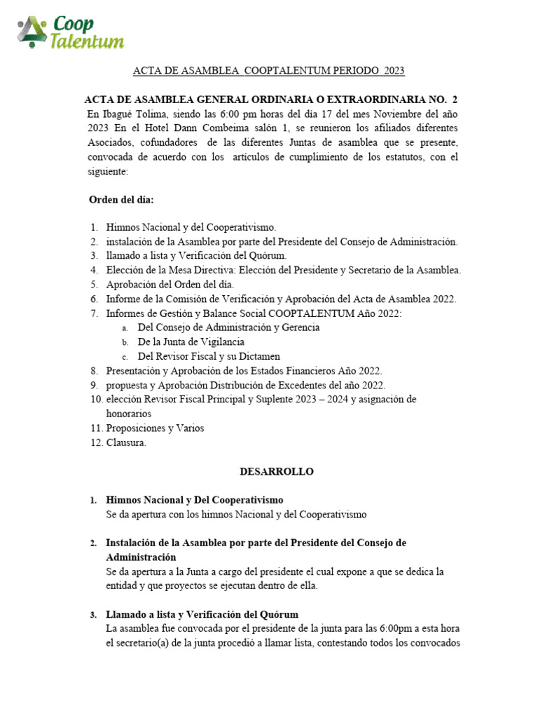 Acta de Asamblea Coptalentum Periodo 2023 | PDF | Cooperativa | Estado financiero