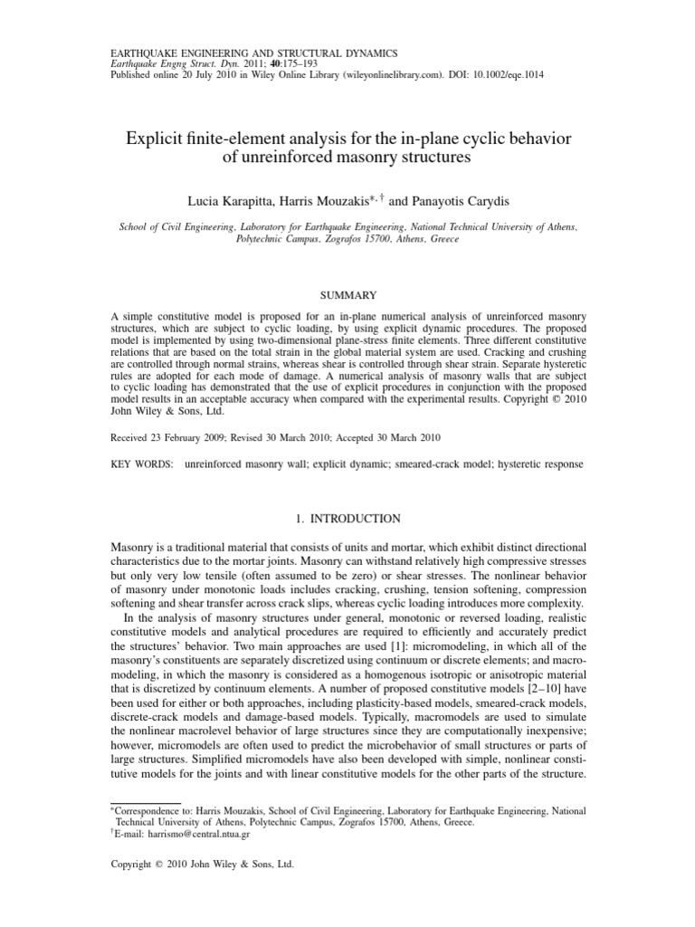 4 Explicit Finite Element Analysis For The In Plane Cyclic Behavior Of Unreinforced Masonry